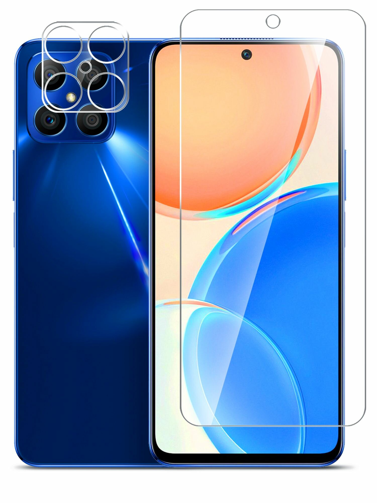 Защитное стекло на Honor X8 (Хонор Х8) на Экран и Камеру, гибридное: пленка + стекловолокно, прозрачное силиконовая клеевая основа тонкое Hybrid Glass, Miuko