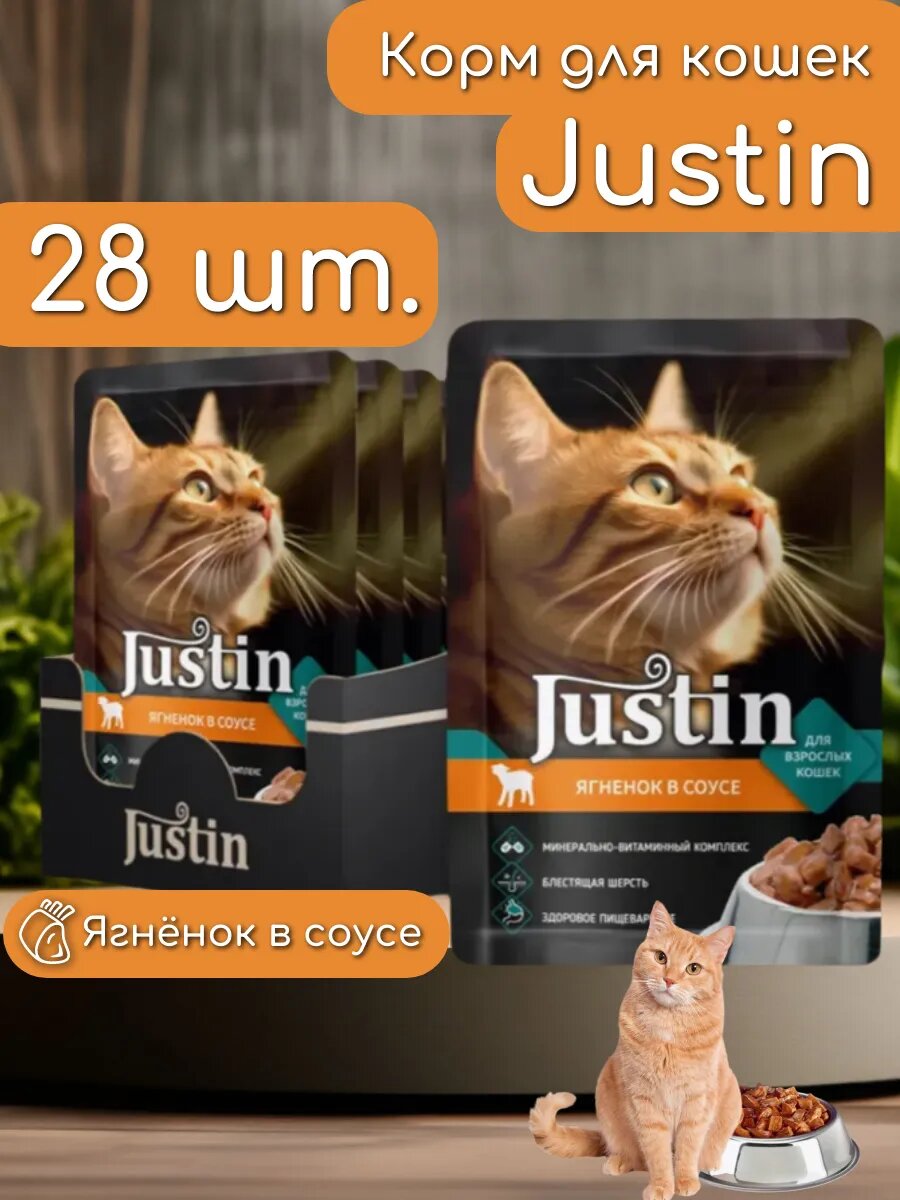 JUSTIN Корм для кошек влажный ягненок в соусе 28шт по 75г