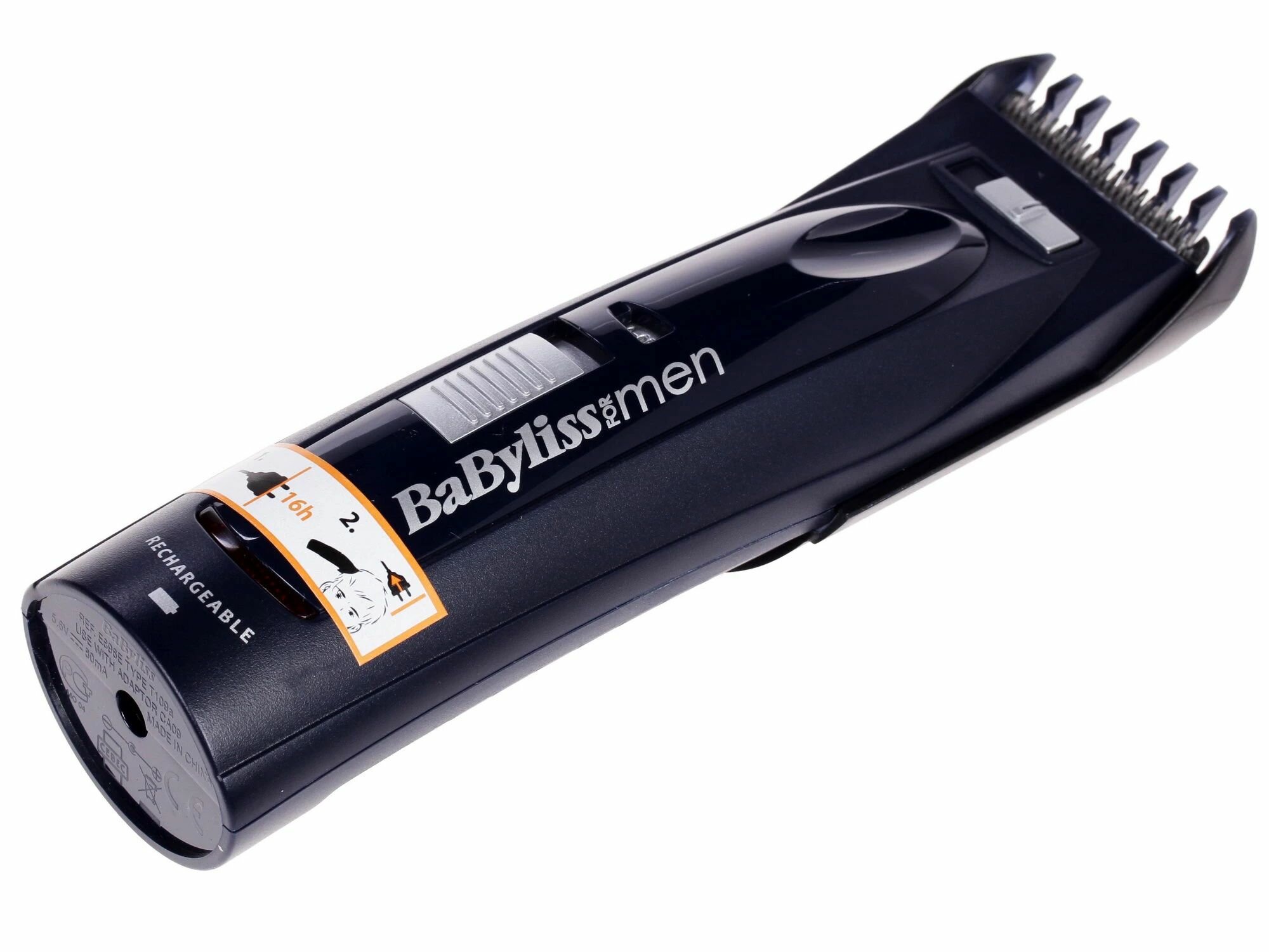 Машинка для стрижки BaByliss E696E, лезвия 39 мм из нержавеющей стали, 16 установок длины (4-34 мм), аккумулятор, 2 насадки, синий/чёрный — фото 1