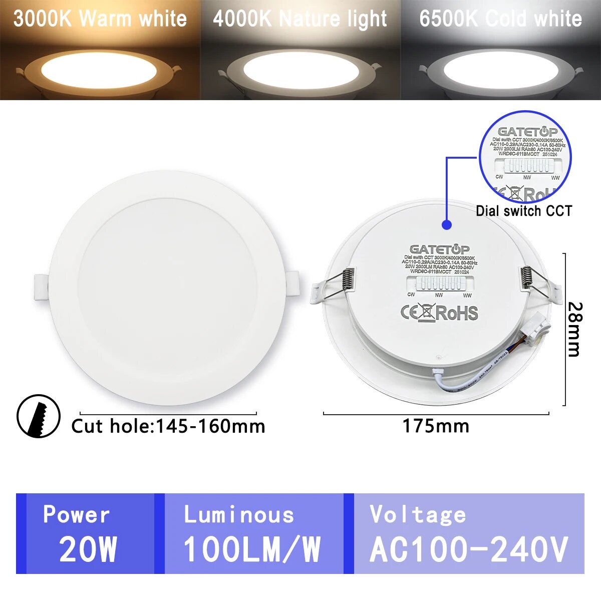 1-10 шт. СВЧ-спот 100-240V, ручка переключения CCT 3000K/4000K/6500K, потолочная лампа 20W/24W, встроенный круглый панельный свет, свет для помещений - 20W