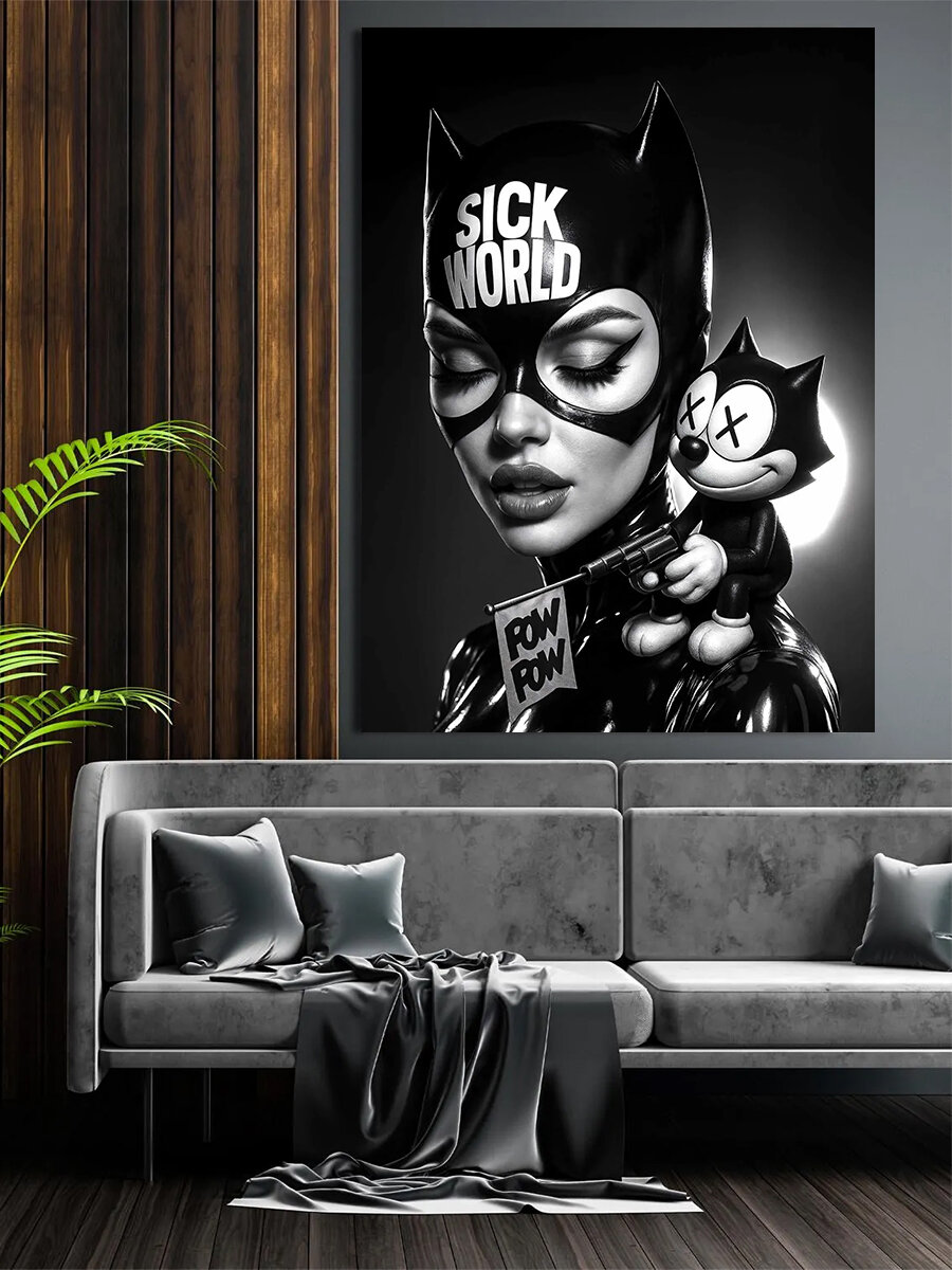 Картина Catwoman SICK WORLD POW POW, чёрно-белый поп-арт, 30х40 см.