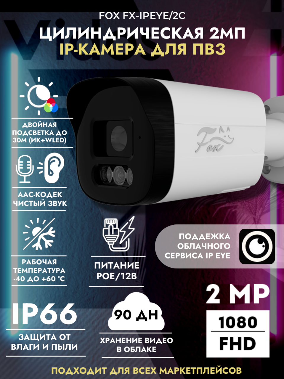 IP-камера Fox FX-IPEYE/2C, 2Мп, с микрофоном, гибридная подсветка, IP66