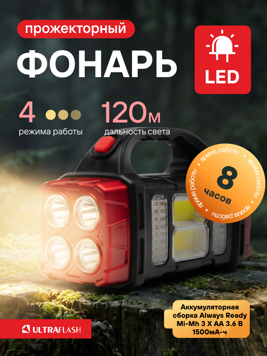 Фонарь Ultraflash LED38101, аккумуляторный, 4 режима, LED, COB, PowerBank, IP44