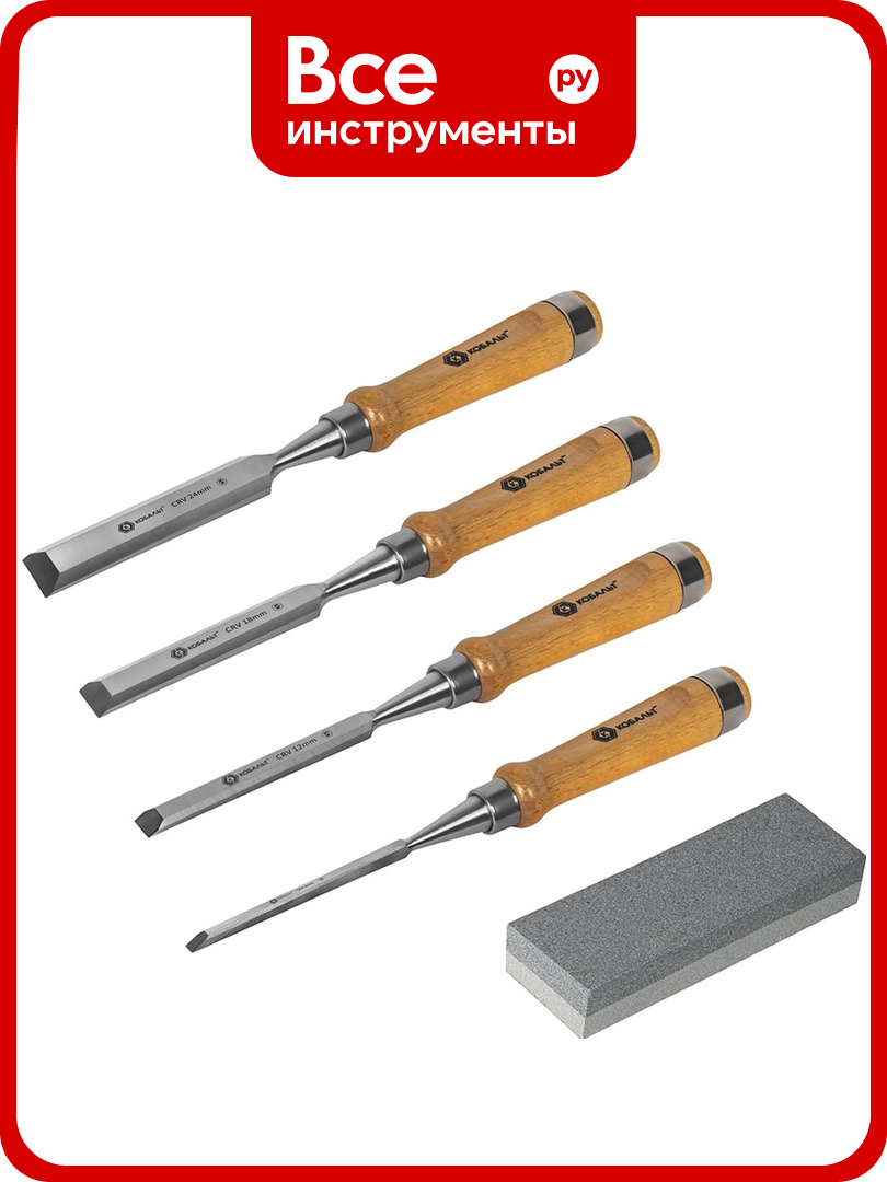 Набор плоских стамесок: 6, 12, 18, 24мм, длина 140мм, CR-V, деревянные рукоятки, точильный камень,