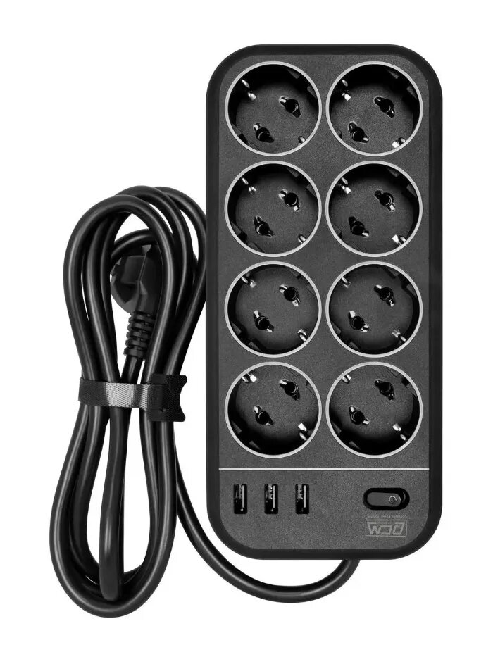 Сетевой фильтр Powercom SP-08 USB03AB 1.8M 8 розеток, черный, 16А, 4кВт, 175Дж, 3*USB, защита от КЗ