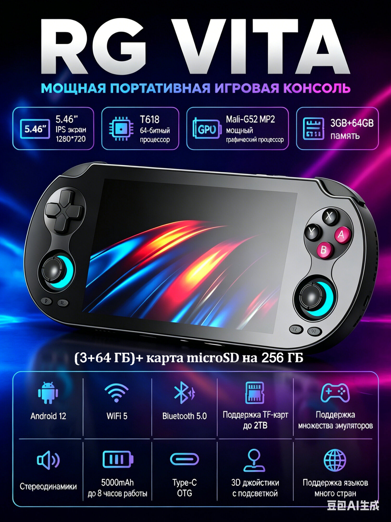 ANBERNIC RG VITA Игровая портативная консоль : Android , HD-экран, стриминг игр, эмуляция ретро-консолей, аналоговые стики (3+64 ГБ)