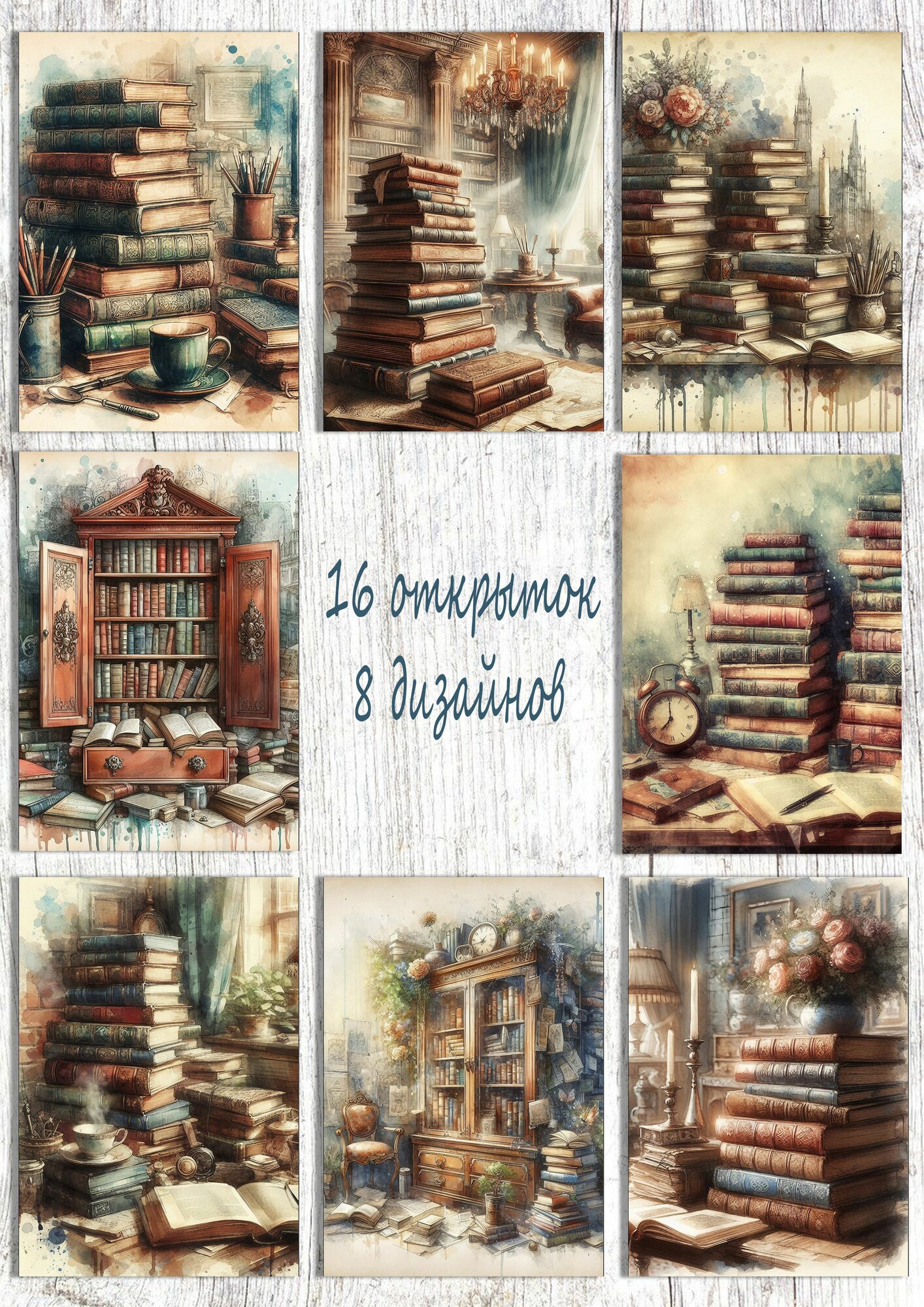 Открытки Книги, библиотека, 16 штук