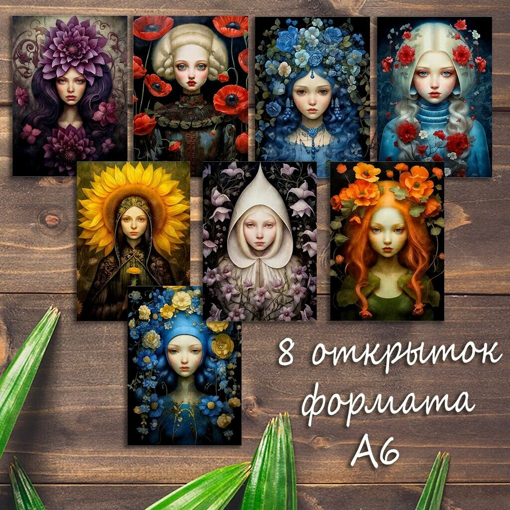 Большой набор открыток Девушки и цветы, 8 штук