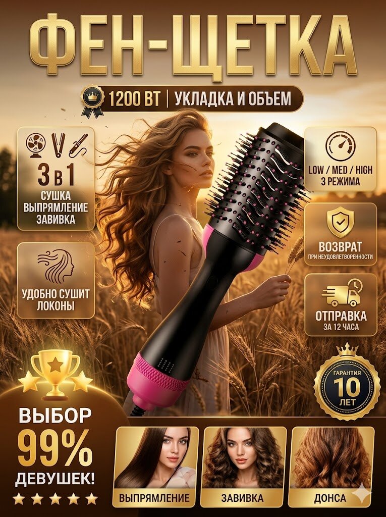Фен-щетка для волос / Расческа с ионизацией One Step Фен-щётка (расчёска-фен) для волос Hair Dryer 3 в 1