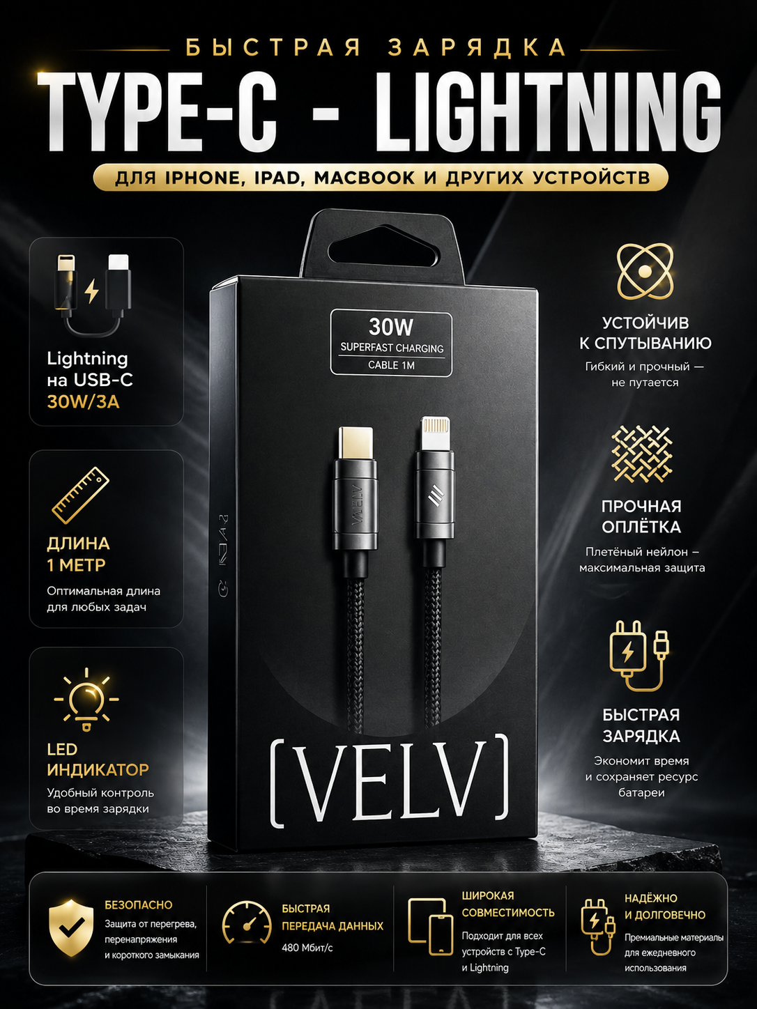 Кабель для iPhone Type-C to Lightning 1m 30W VELV быстрая зарядка, нейлоновый