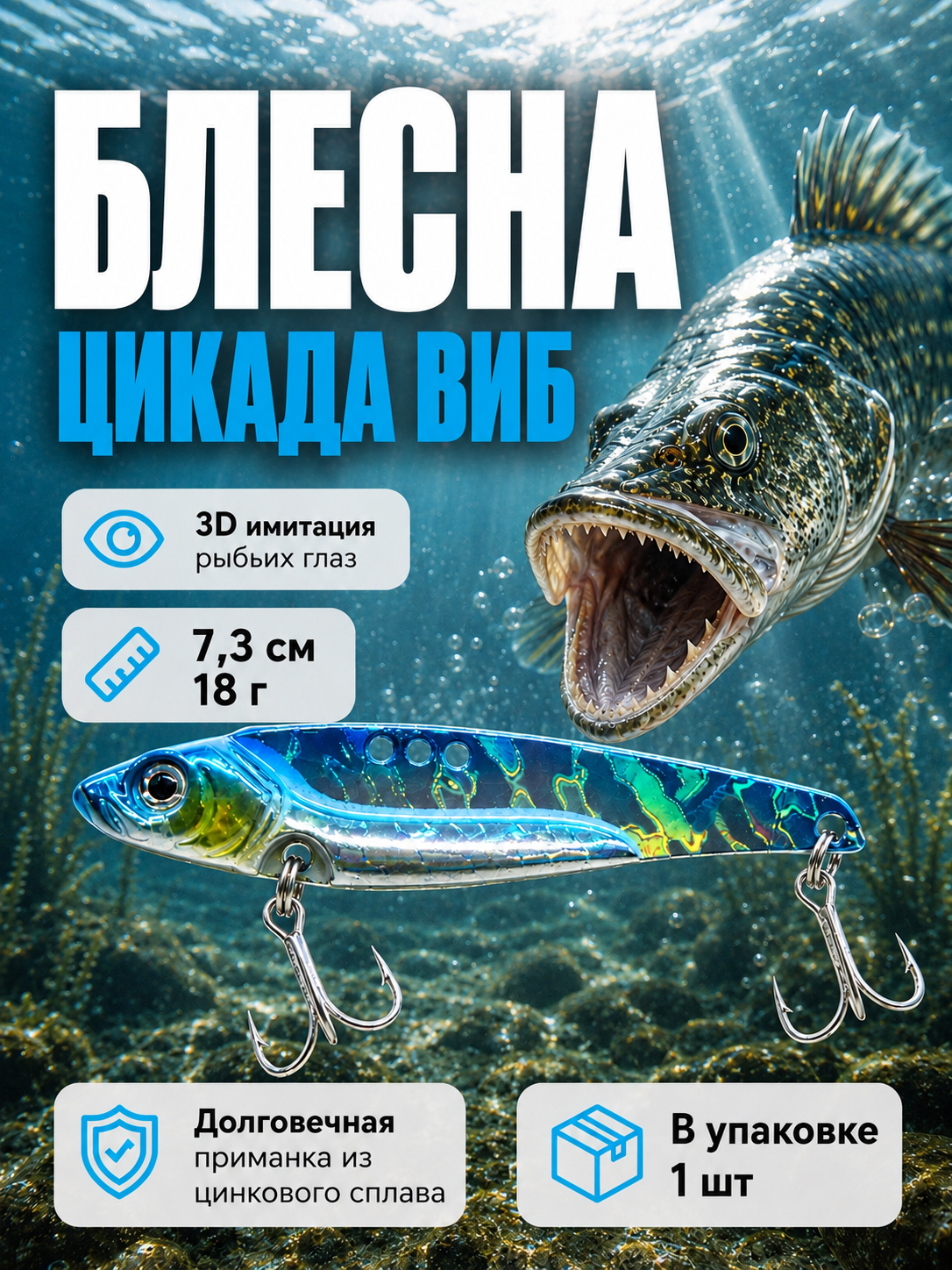 Рыболовная металлическая вибрационная виб-приманка VIB, блесна цикада, тонущая для дальнего заброса, для морской и пресноводной рыбалки 7,3 см/18 г, голубая