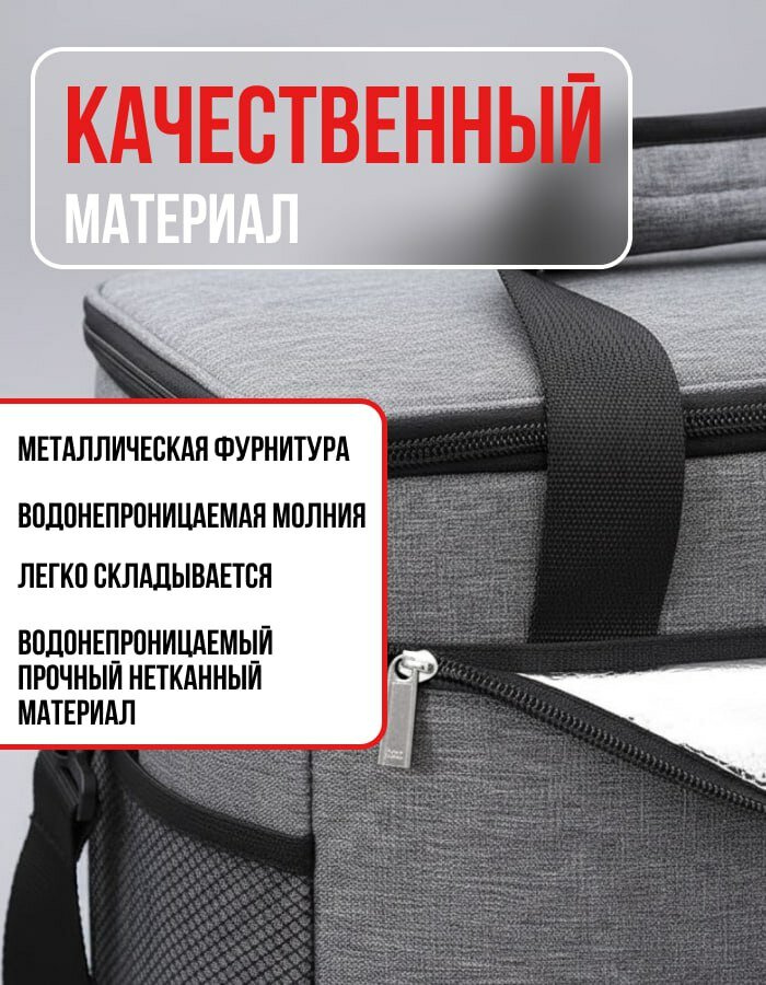Термосумка-холодильник PEVA, серая, 25л, с наплечным ремнем, боковые ручки — фото 1