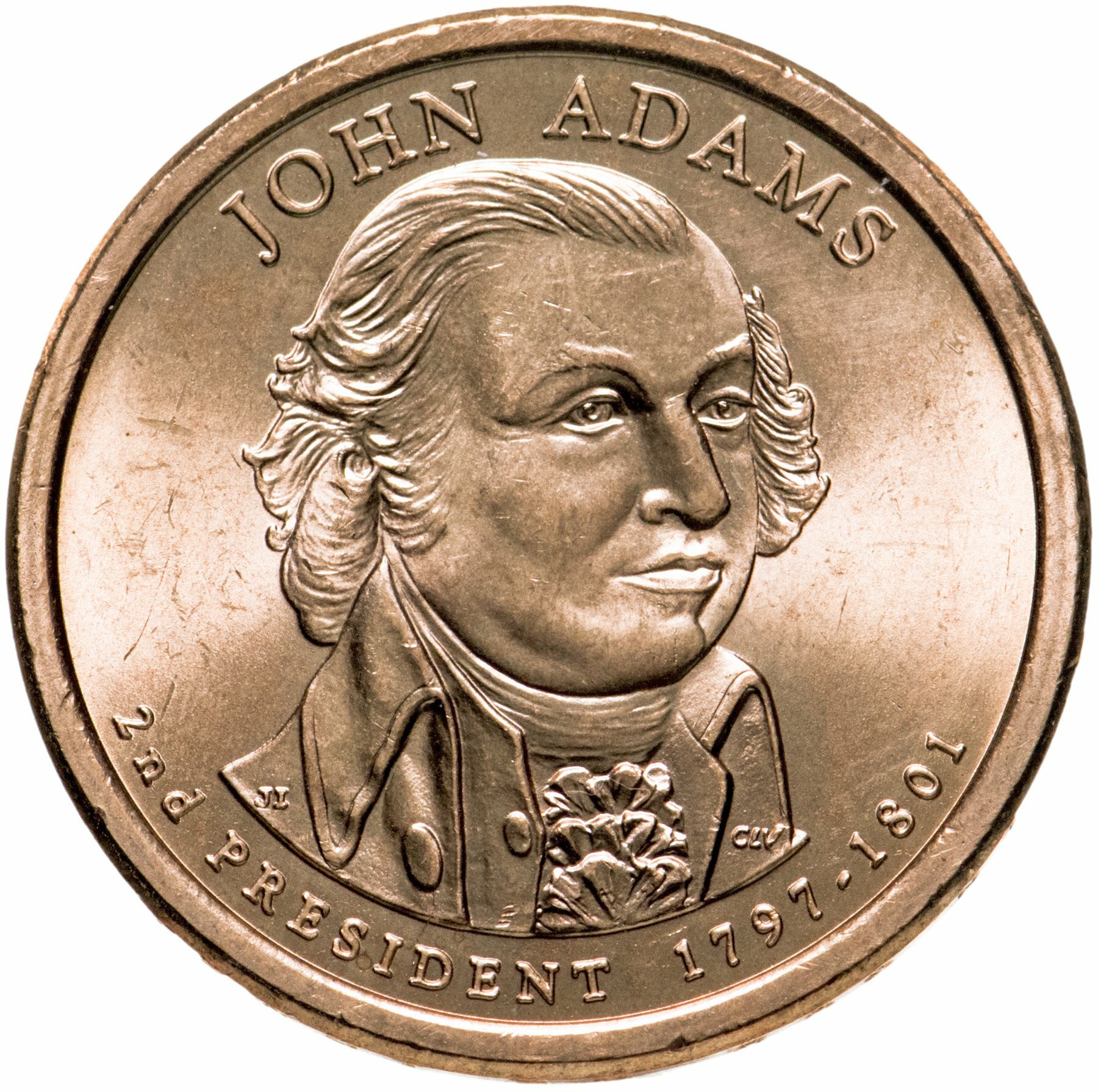 США 1 dollar доллар 2007 Джон Адамс 2-й президент США знак монетного двора "P" - Филадельфия, Латунь, в сохранности UNC