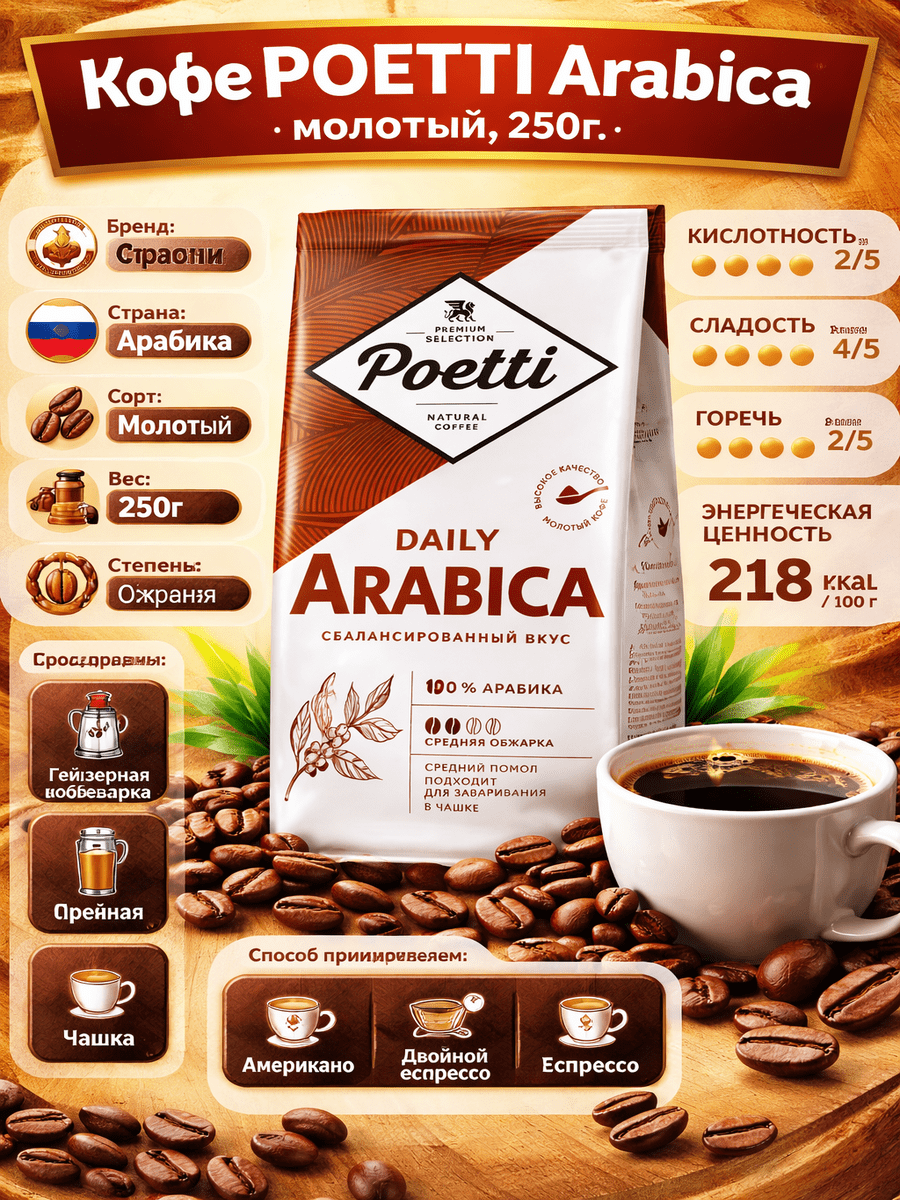 Кофе Poetti Arabica молотый, 250г
