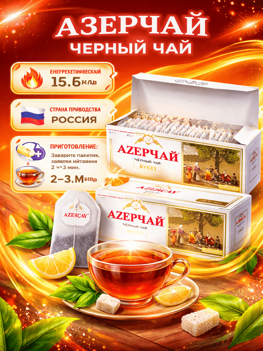Чай Азерчай черный букет (2г x 25шт), 50г x 2 упаковки