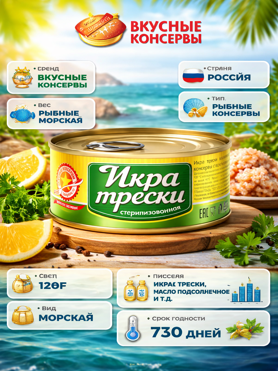 Икра трески Вкусные консервы стерилизованная, 120г