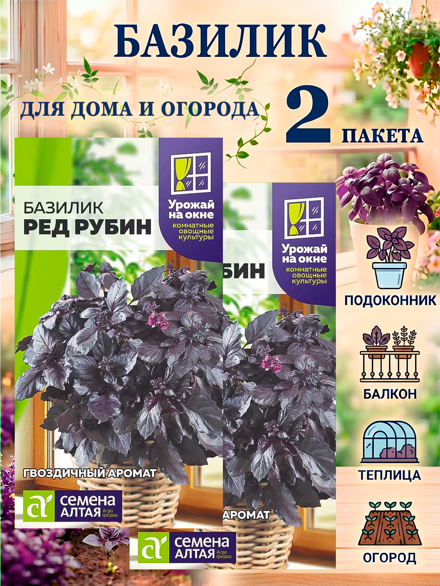 Семена базилика "Ред Рубин", фиолетовый, аромат с гвоздичными нотами, 2 упаковки по 0.3 г