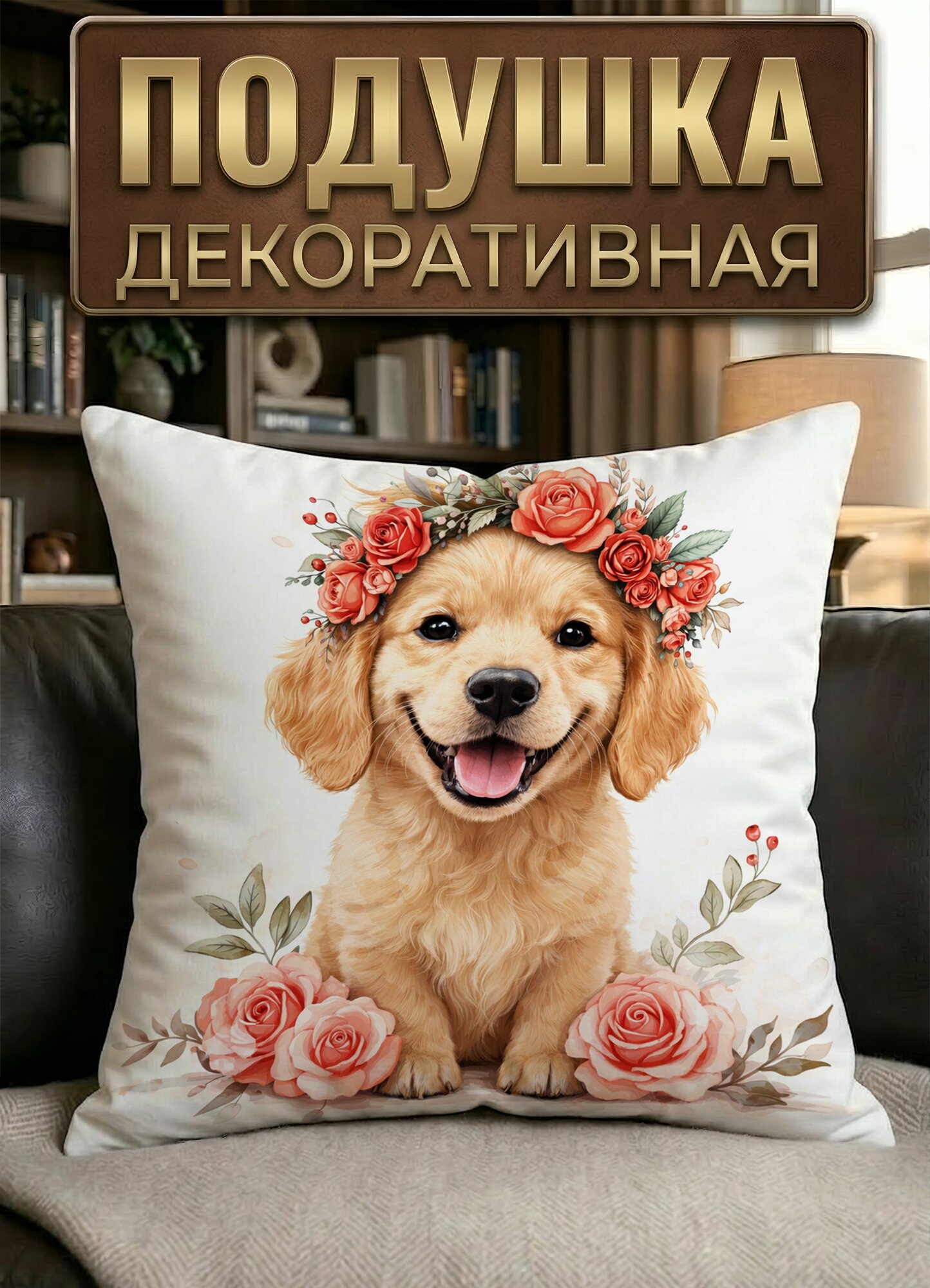 Подушка декоративная Собачка с венком из цветов Золотистый ретривер