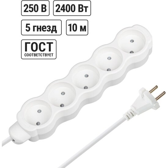 Удлинитель бытовой Tdm Electric "Люкс" 5 гнезд, 10 м, б/з, с з/ш, ПВС 2х1,0 мм2, 10 А, 250 В, 2400 Вт, SQ1303-4015