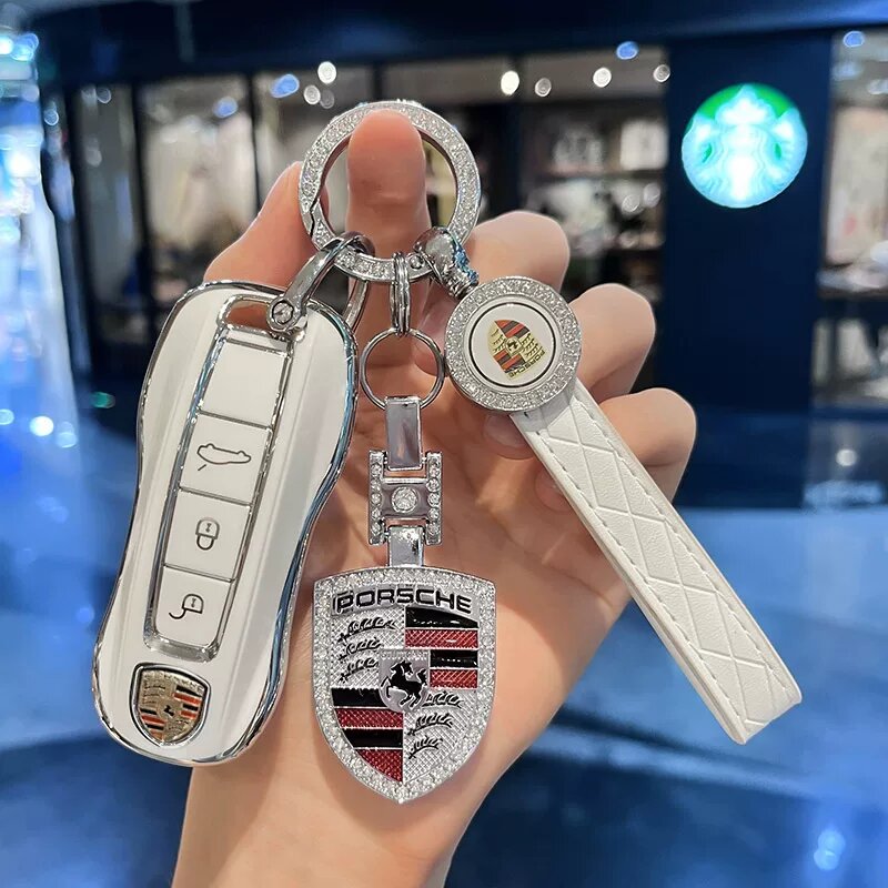 Женский чехол для ключей Porsche Cayenne Macan 718 Panamera 911 с белым каменным кольцом, белым шнуром и логотипом