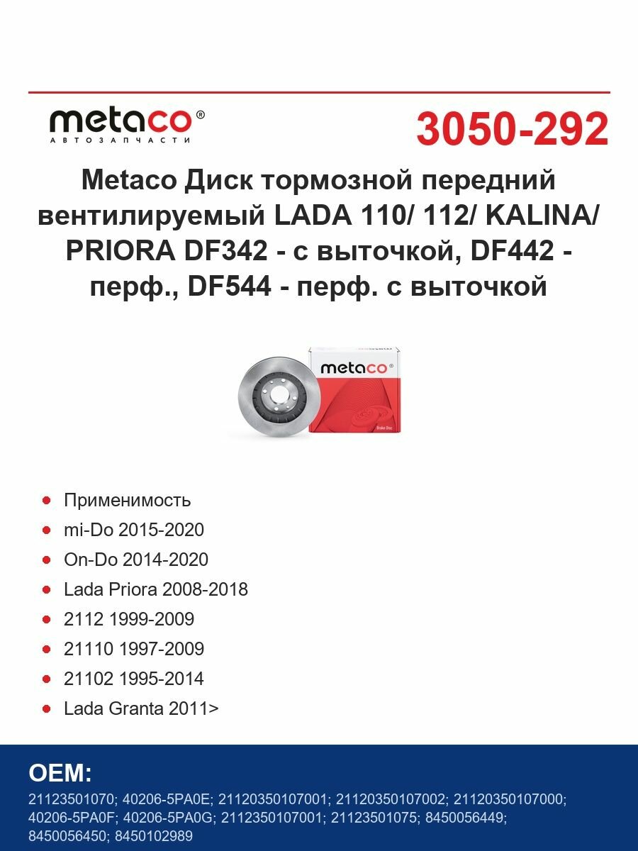 Metaco Диски тормозные передний вентилируемый LADA 110/ 112/ KALINA/ PRIORA DF342 - с выточкой, DF442 - перф, DF544 - перф. с выточкой
