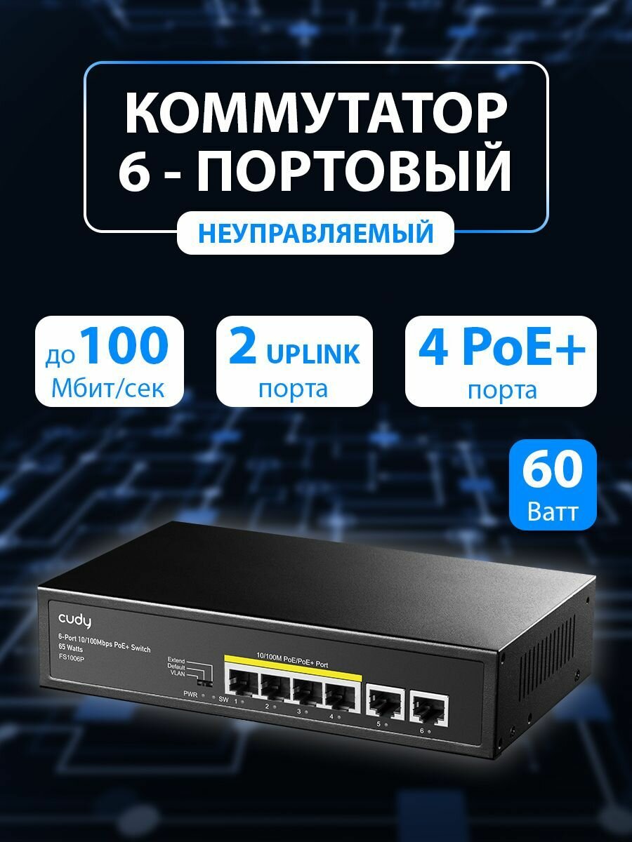 Коммутатор Cudy FS1006P (L2) 6x100Мбит/с 4PoE+ 60W неуправляемый