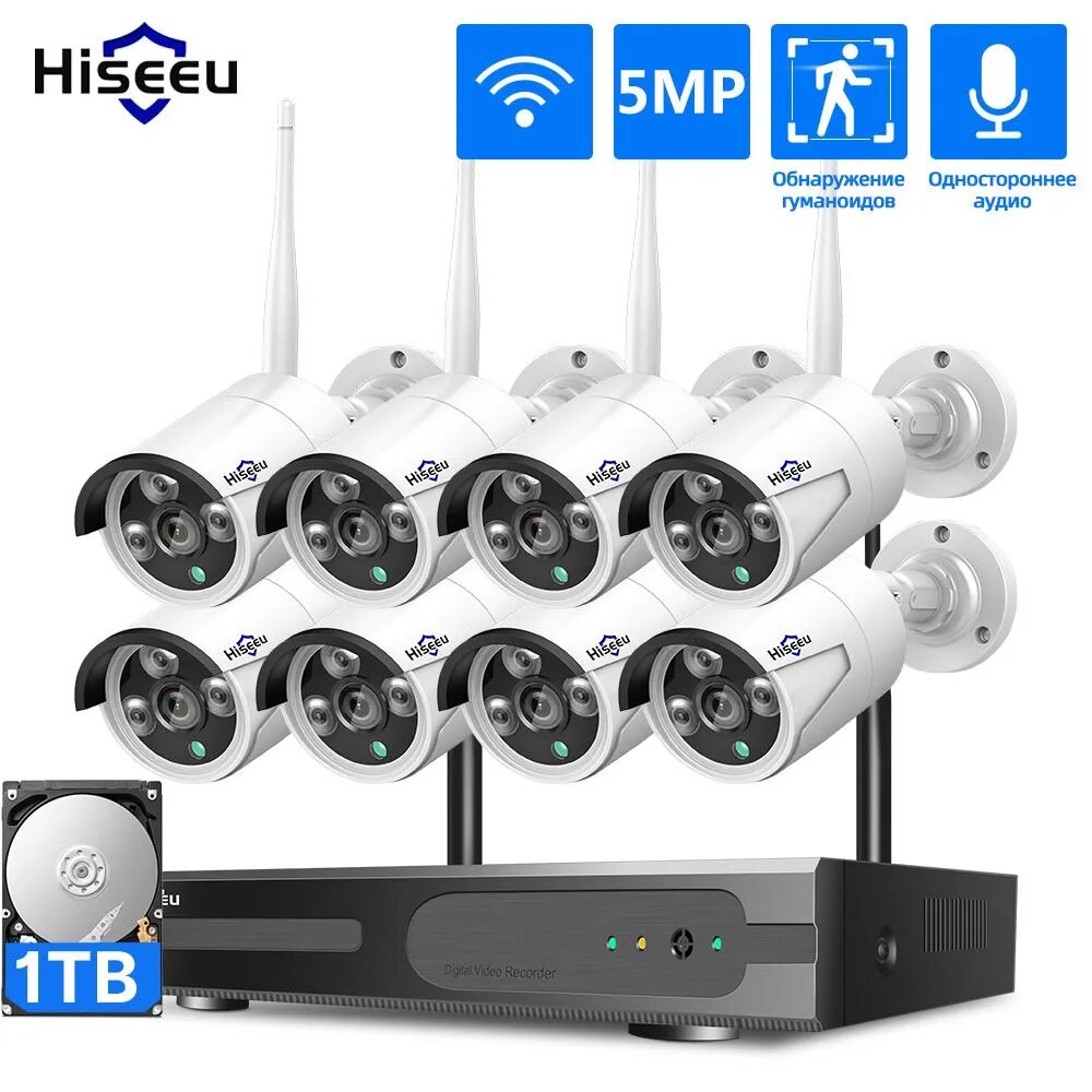 Hiseeu Wi-Fi Комплект камеры видеонаблюдения,16CH NVR Набор,5MP 8 IP камеры, 1TB жесткого диска, ночного видения, Одностороннее аудио, P2P