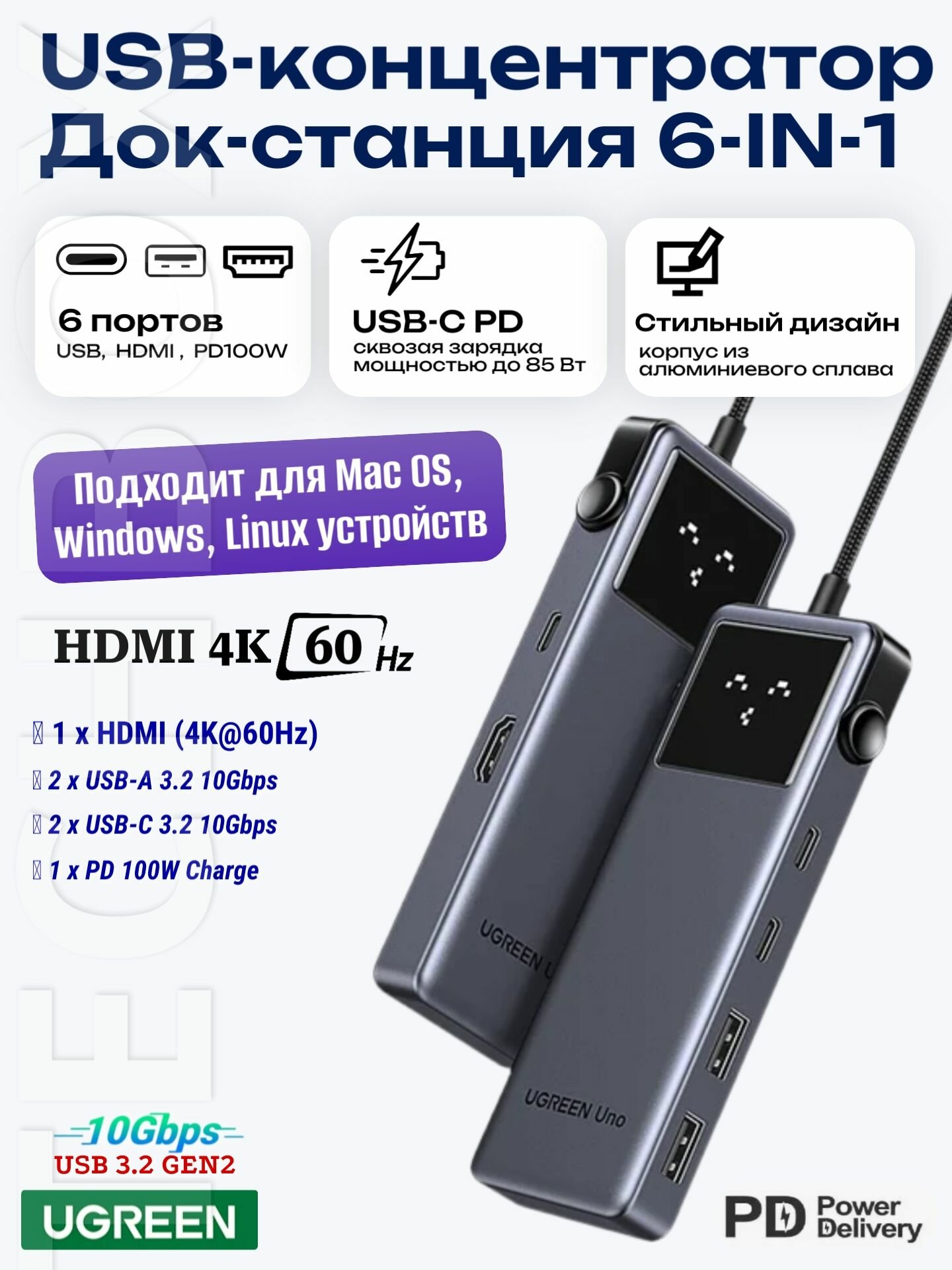 USB-Концентратор UGREEN CM888 6-in1 (35998), 4K HDMI 60Гц, 2*USB 3.2 A+2*USB 3.2 C, PD 100W Hub