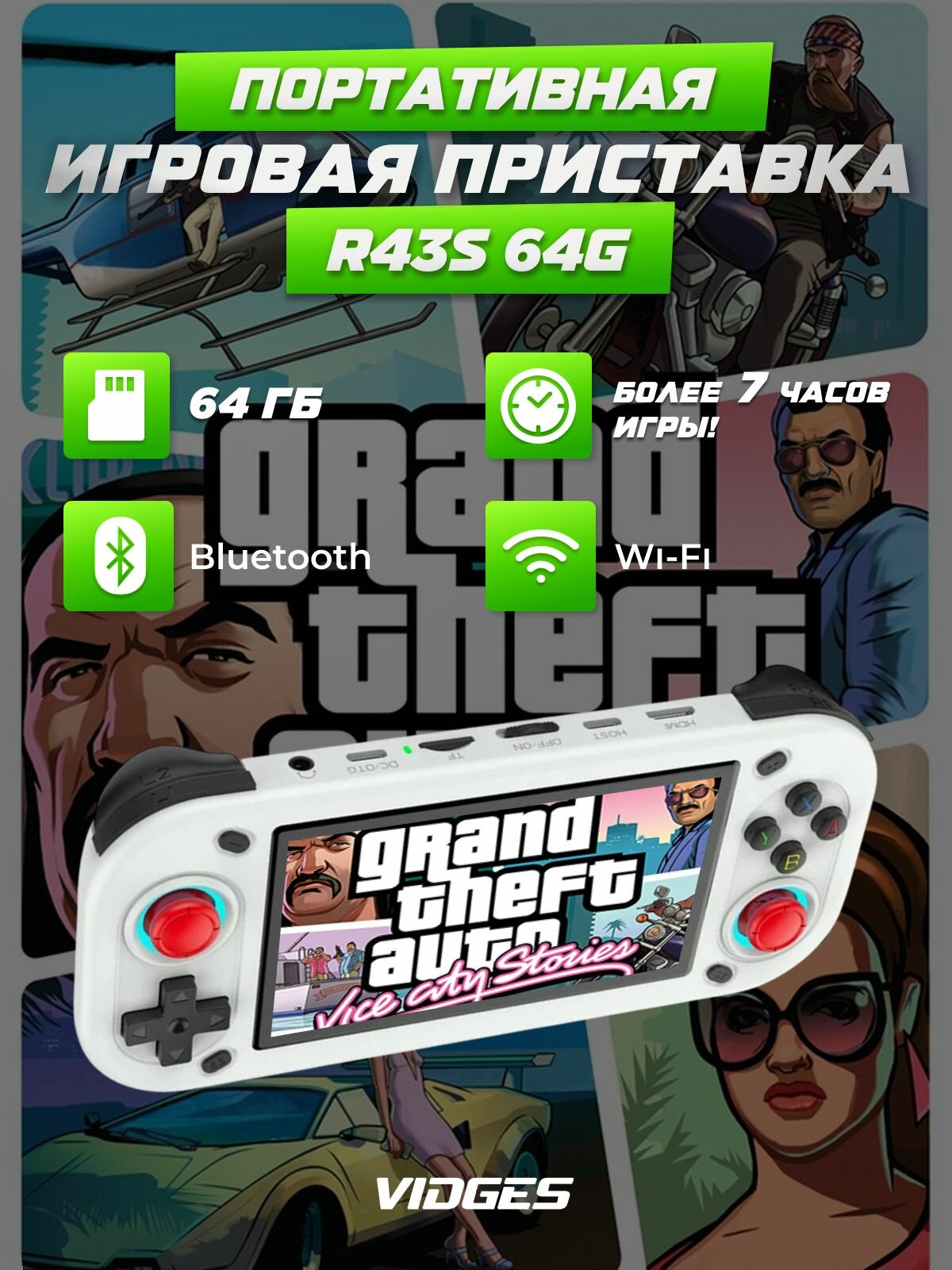 Портативная игровая приставка VIDGES R43S для игр PSP, PS1, DreamCast, N64, NDS, NES 64 GB