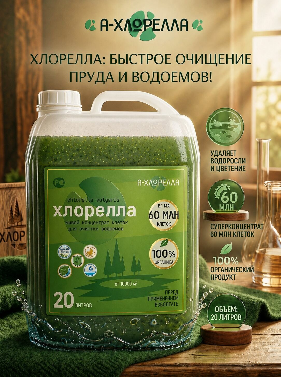 Хлорелла для пруда 20 л а-хлорелла, концентрат chlorella vulgaris, биопрепарат против цветения воды, для очистки водоема с рыбой
