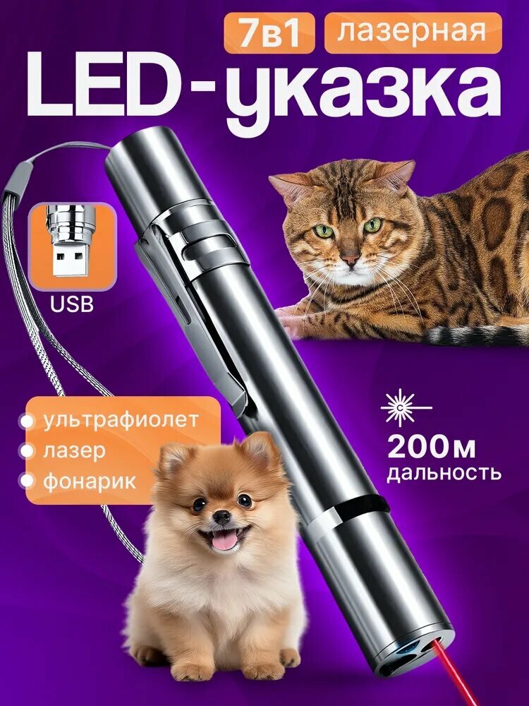 Лазерная указка 7 в1, игрушка-дразнилка для кошки со светодиодным фонариком и ультрафиолетом. Ручной фонарь со встроенной зарядкой USB. Мощный лазер для собак/животных, серебристый