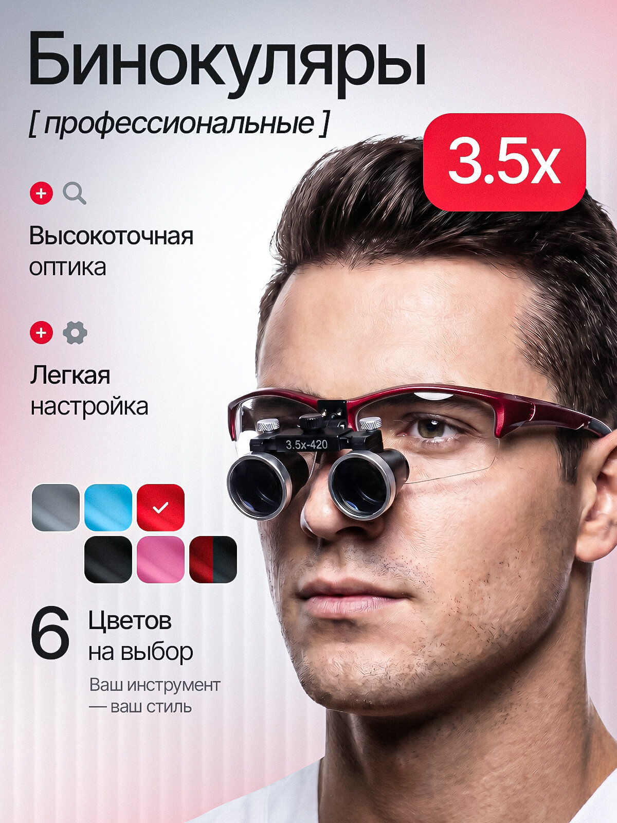 Лупа очки бинокулярные для стоматолога, ювелира 3,5х, глубина обзора 90 мм