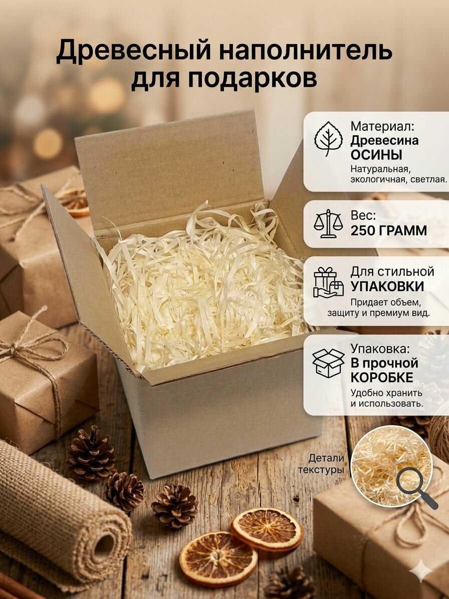 Древесная шерсть, наполнитель для подарков, стружка 250 гр Borokot