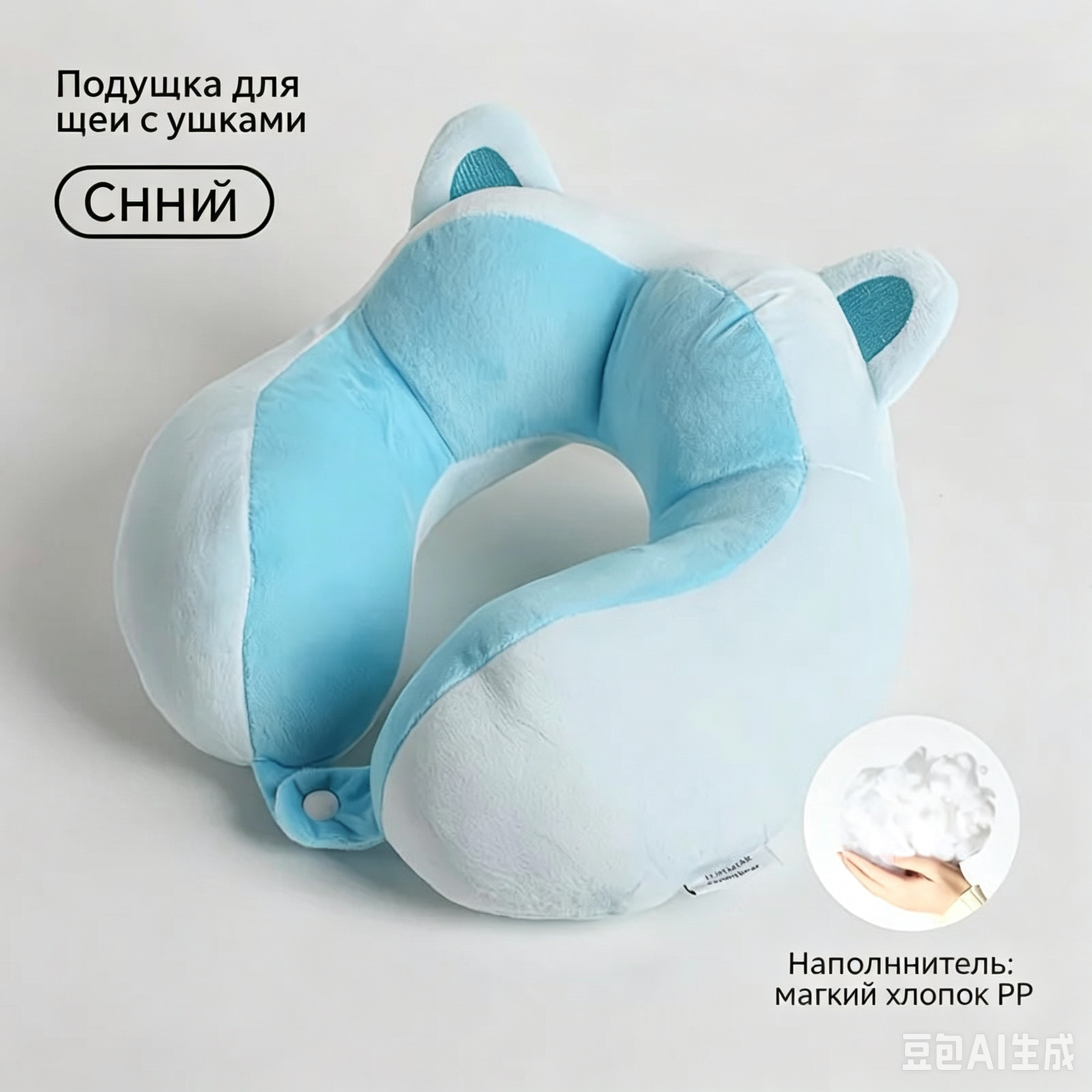 Подушка для шеи с ушками, синий цвет, мягкая, для самолета и поездок