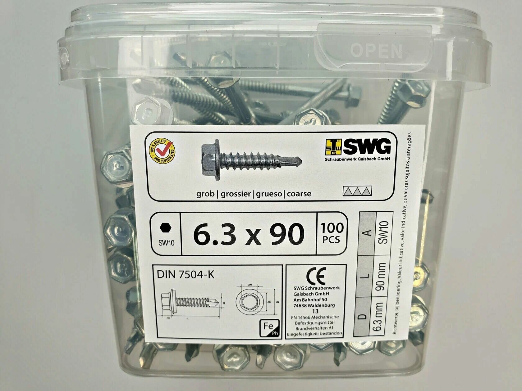 Саморез по металлу SW10 DIN 7504-K с фланцем 6.3x90 (100 pcs) SWG, Германия