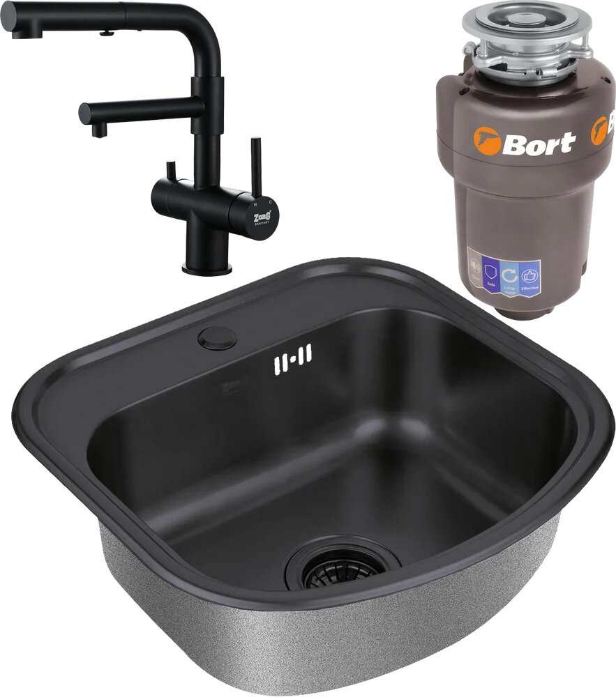 Комплект Мойка Zorg Inox PVD SZR 4749 GRAFIT 49x47, grafit, нержавеющая сталь / Смеситель Sanitary SZR-3216 Grafit с выдвижным изливом, графит, графит / Измельчитель Bort Titan Max Power электрический