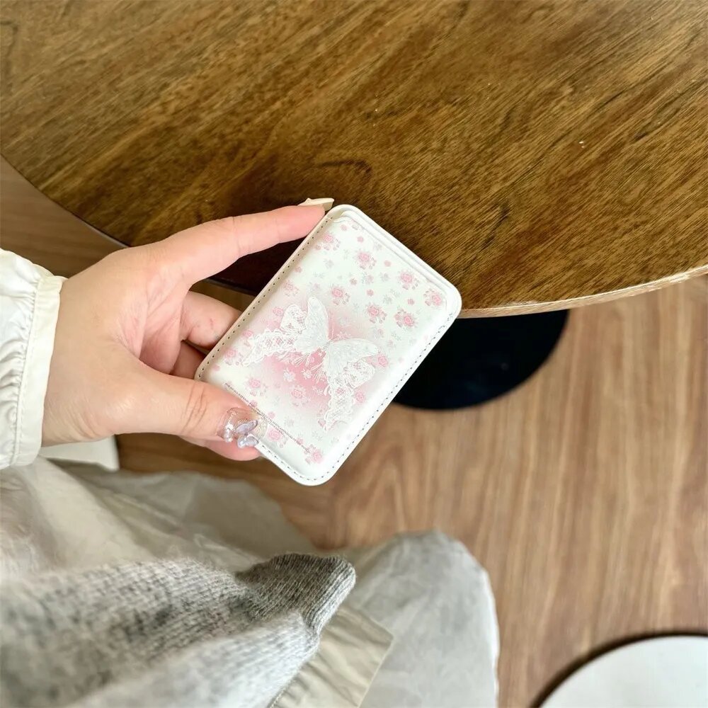 Картхолдер MagSafe для Apple iPhone белый с принтом цветов / Картхолдер на айфон / MagSafe Wallet / Визитница магсейф