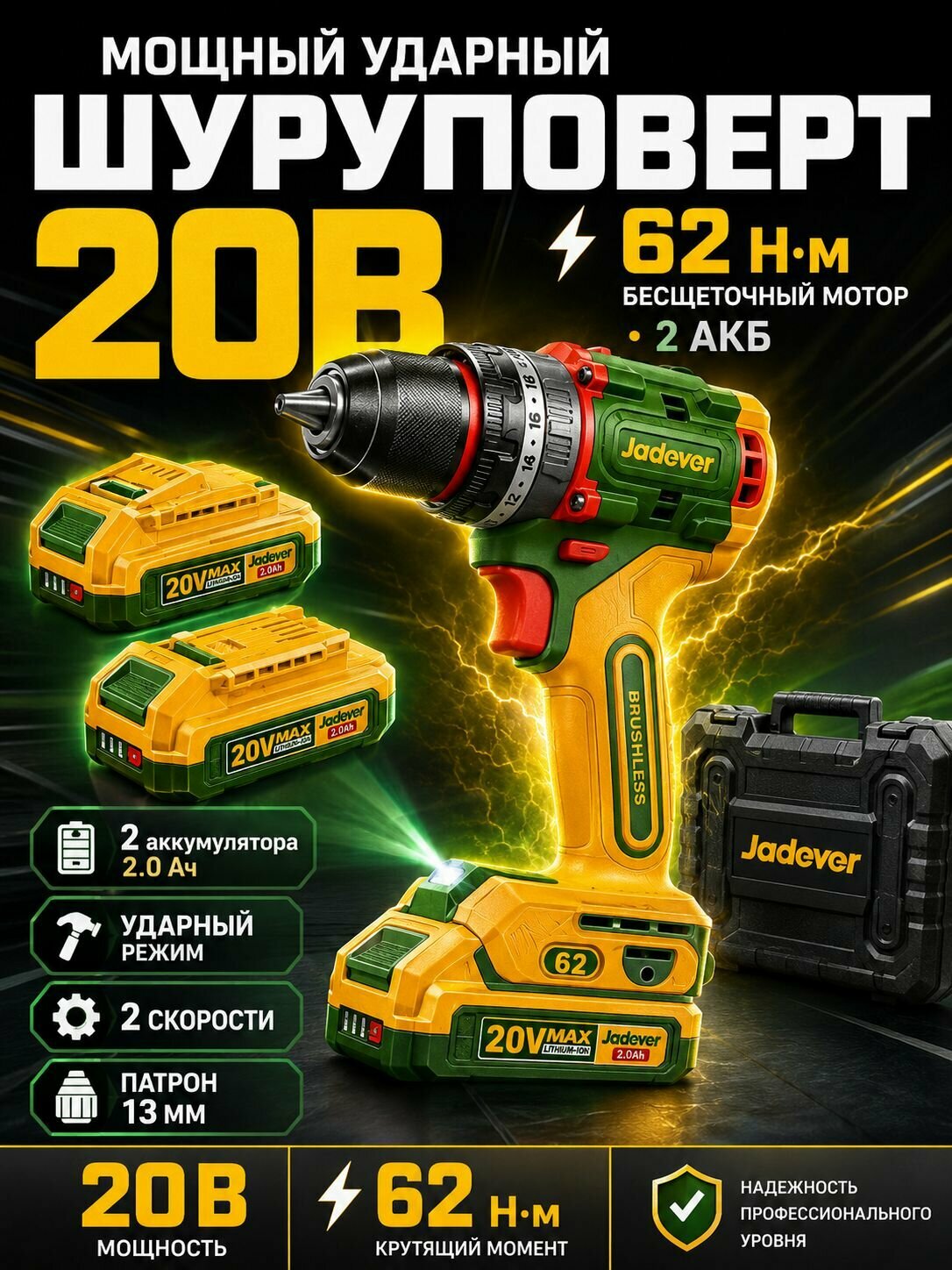 Дрель-шуруповерт аккумуляторная ударная бесщеточная JADEVER 20В 62Нм, 2 АКБ 2.0Ач, кейс, 13мм, 2 скорости