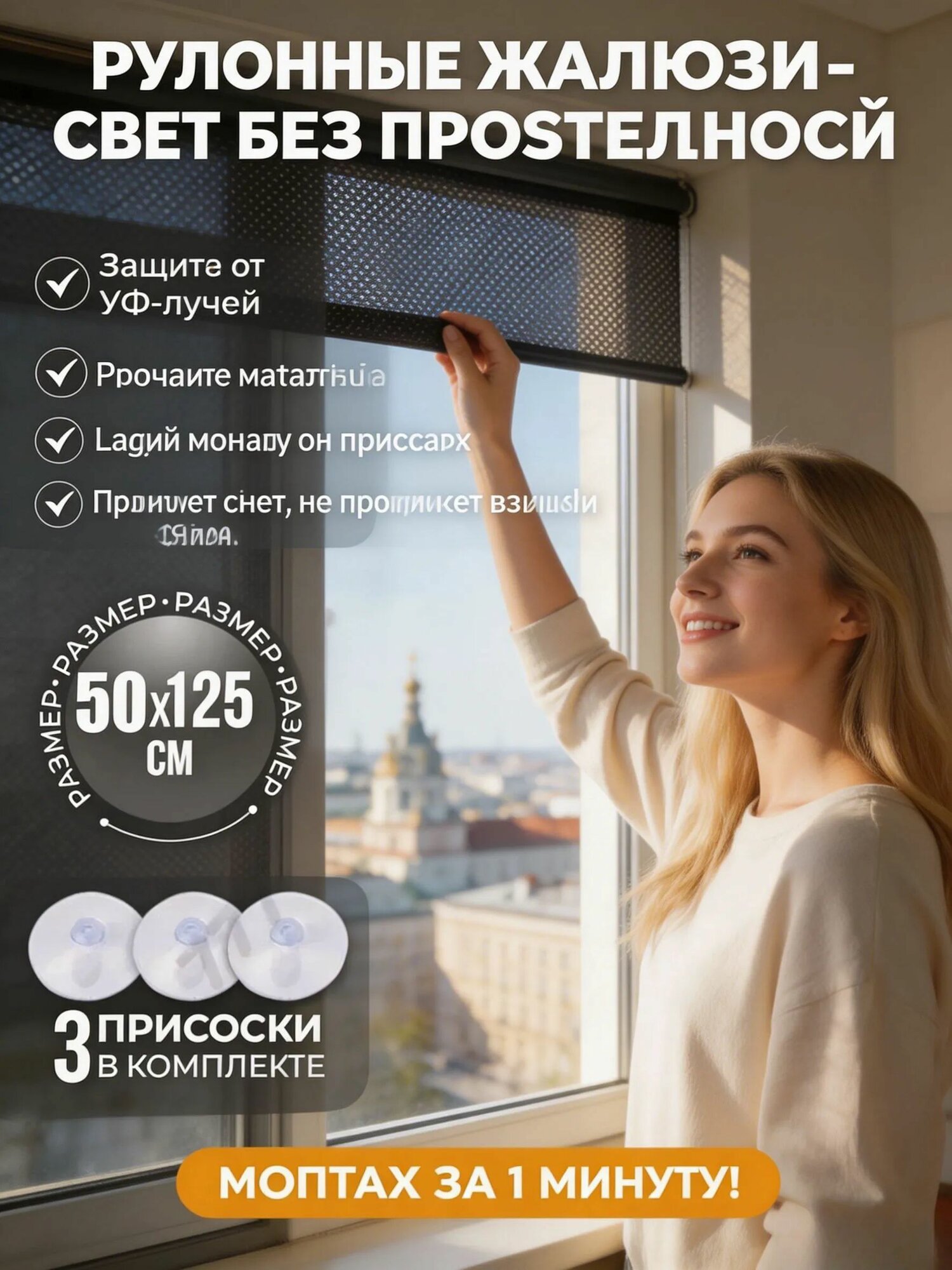 Навесные рулонные жалюзи на присосках для авто и дачи, компактные солнцезащитные шторы для окон