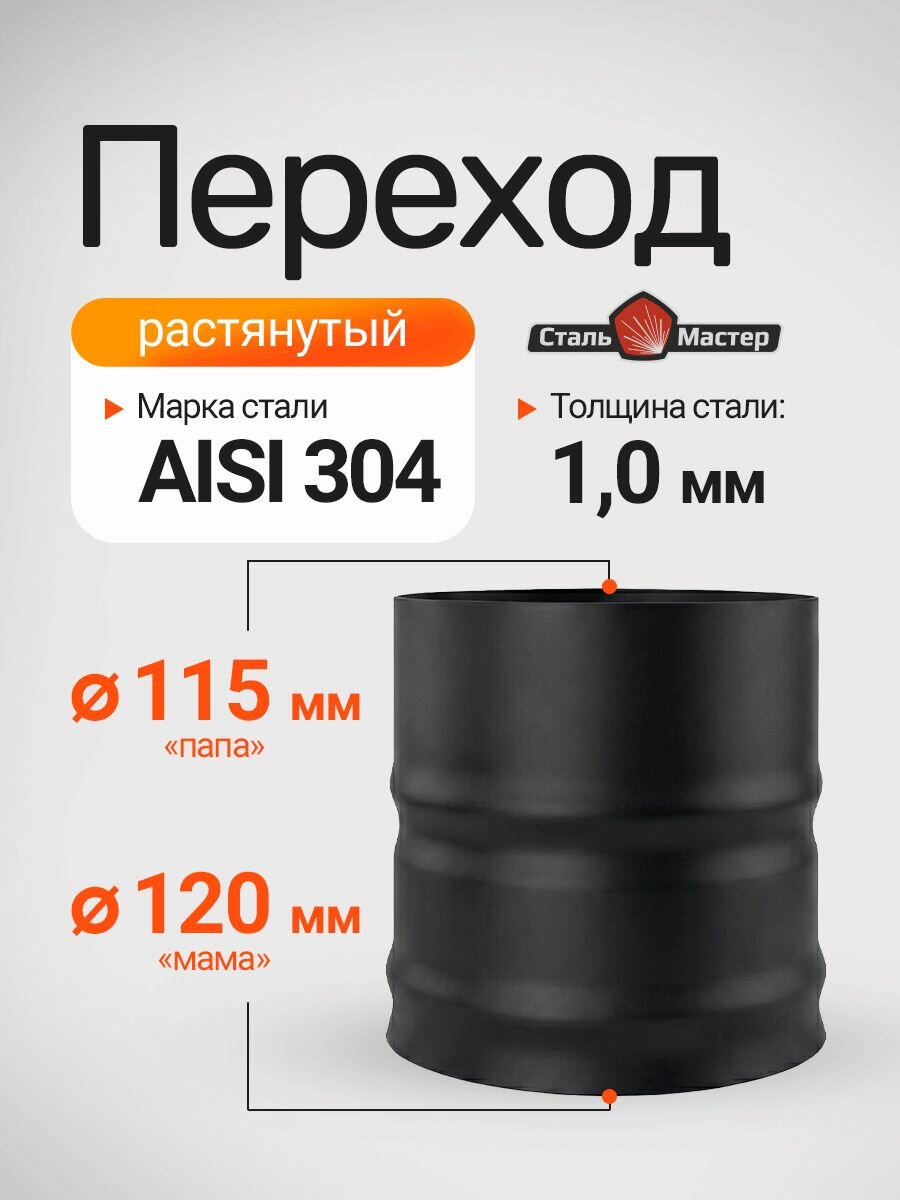 600/RAL9005 Переход 120 (+) / 115 (-) нерж 1 мм AISI 304