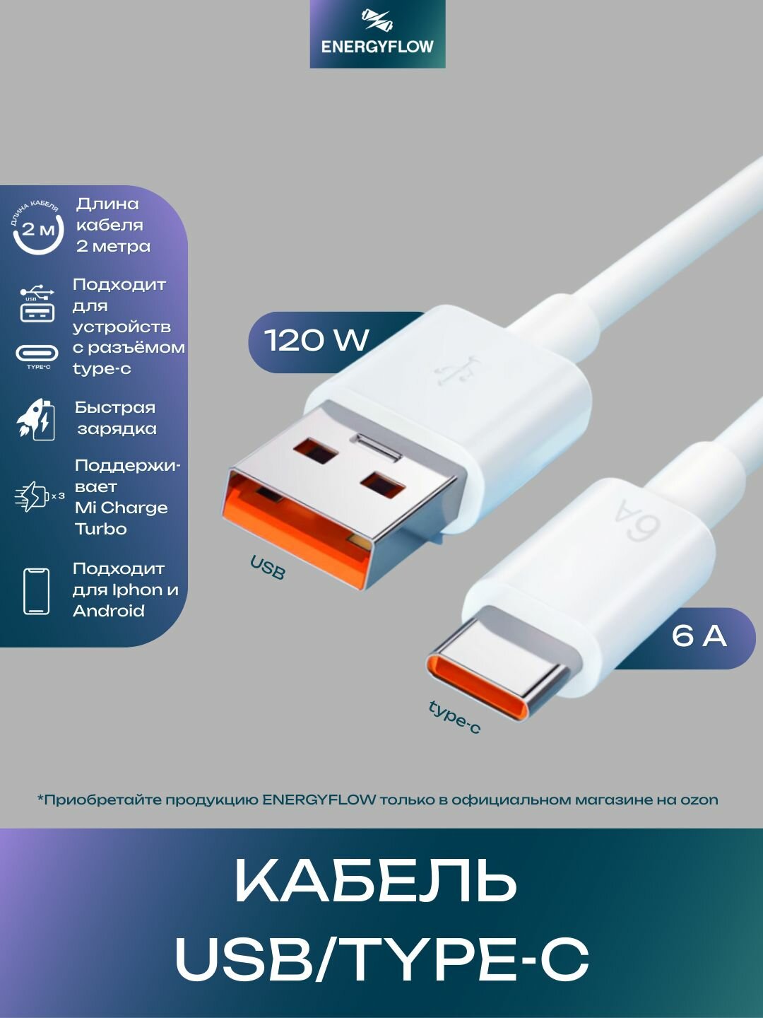 Кабель USB Type C для зарядки Xiaomi быстрая зарядка, провод для телефона 6A, шнур 120W, 2 метр USB Type C 6A 120W 2 метр шнур для зарядки