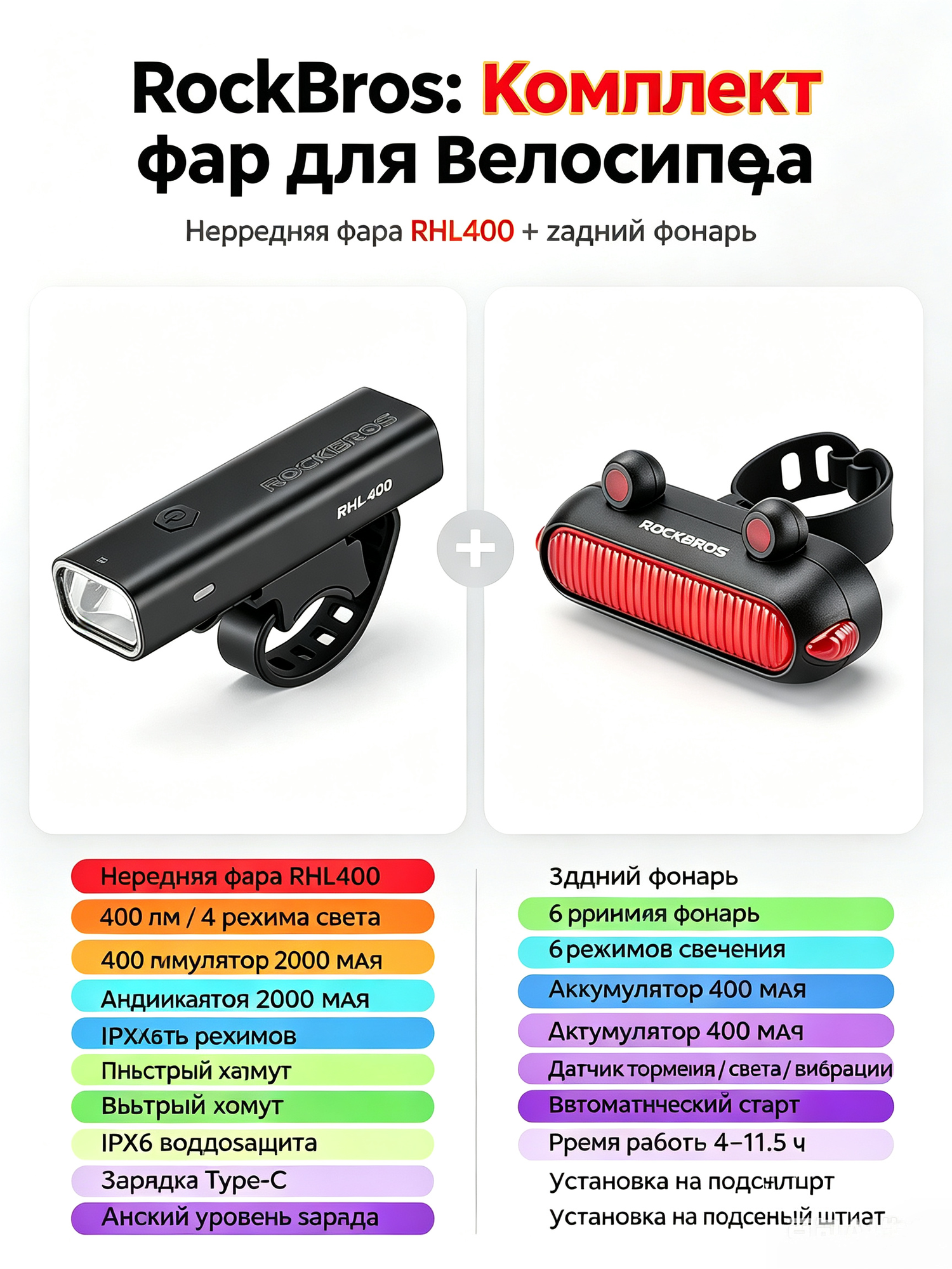 Умные задние фонари для велосипеда ROCKBROS, +Осветительная фара RHL400, бионические задние фонари, 6 режимов