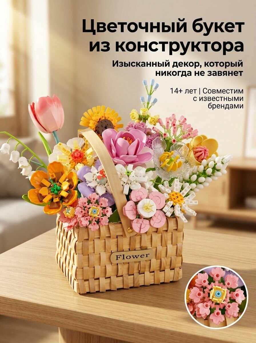 Конструктор букет цветов, В комплект входит 16 цветы и корзина, совместим с lego, подарок девушке на день рождения