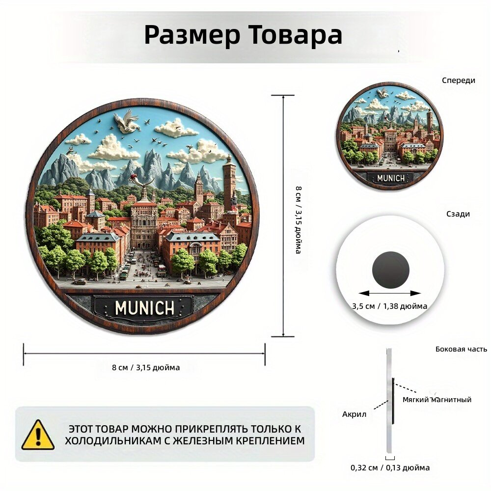 Магнит на холодильник "Мюнхен" 1 шт, 8х8 см (3.15 дюйма), винтажная карта города с Мариенплац и немецкой архитектурой, акрил, плоский 2D