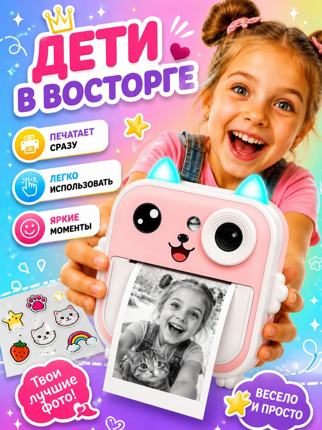 Фотоаппарат детский мгновенной печати с играми, в подарок для девочек