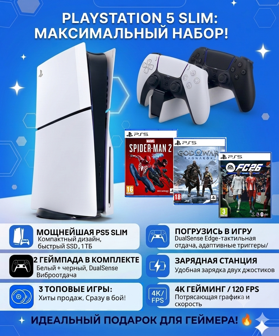 Игровая приставка Sony PlayStation 5, PS5 Slim c дисководом 16 ГБ + 1 ТБ , 2-й геймпад черный, 3 игры на дисках , русский язык