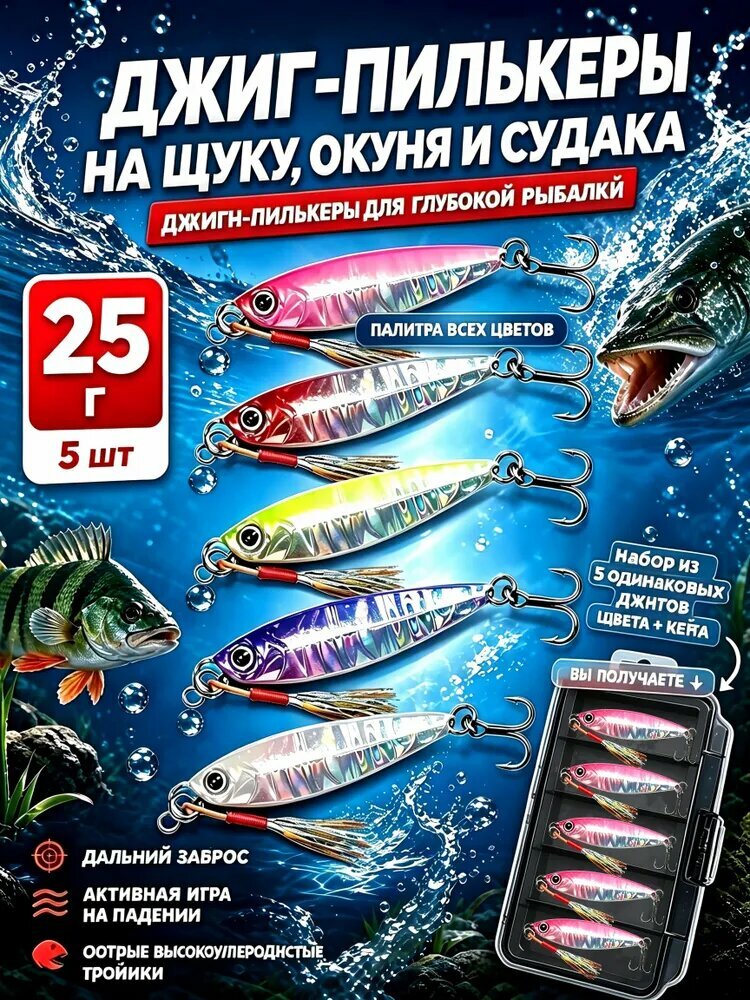 Пилькеры для рыбалки набор 5 шт 25 гр в пластиковом боксе