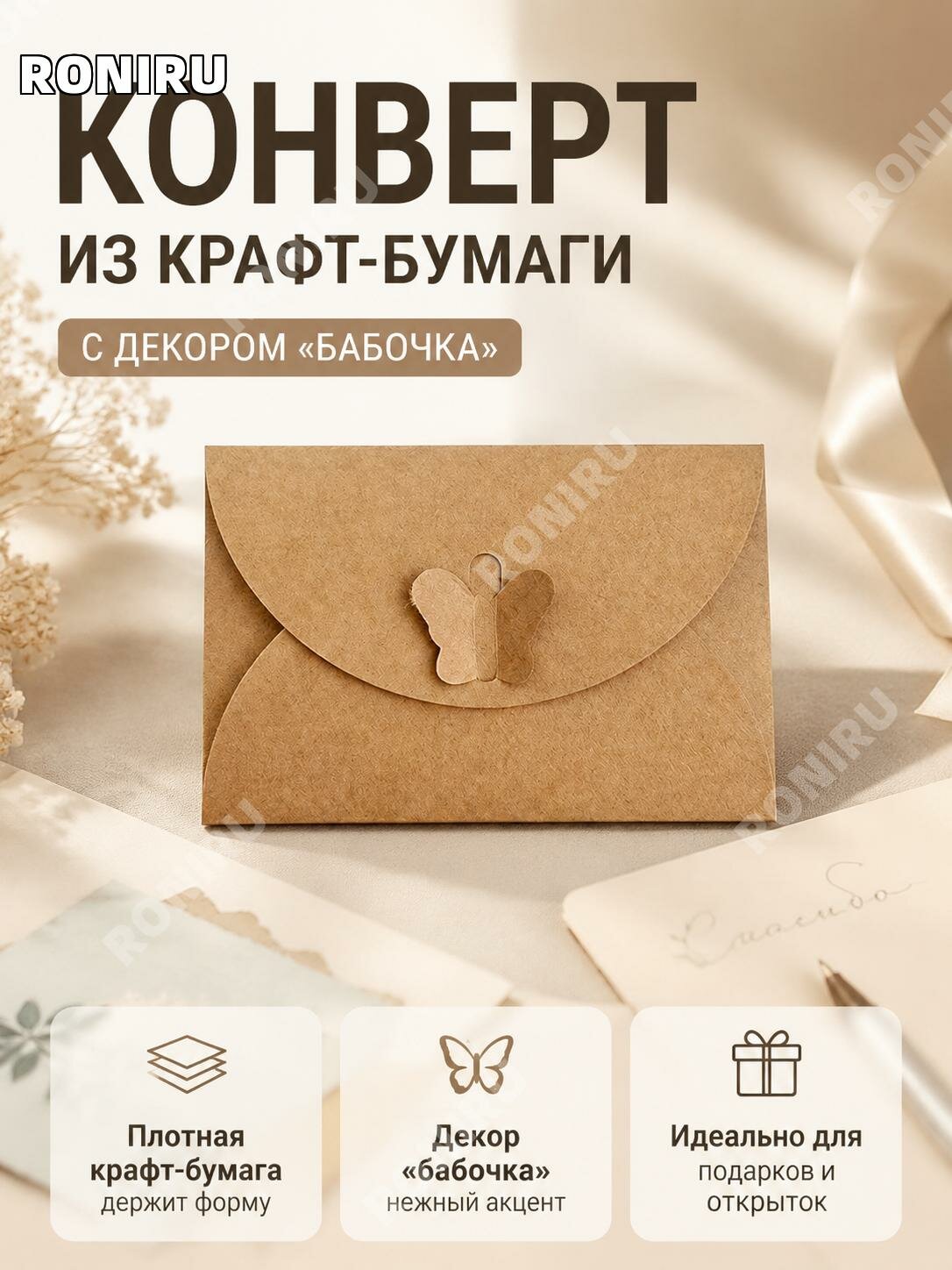 Малый конверт из матовой полупрозрачной кальки с бантом для карточек и подарков