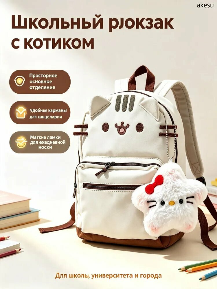 Милый компактный рюкзак с принтом котёнка, мягкая экокожа, съёмные ремни, скрытый антивор‑карман