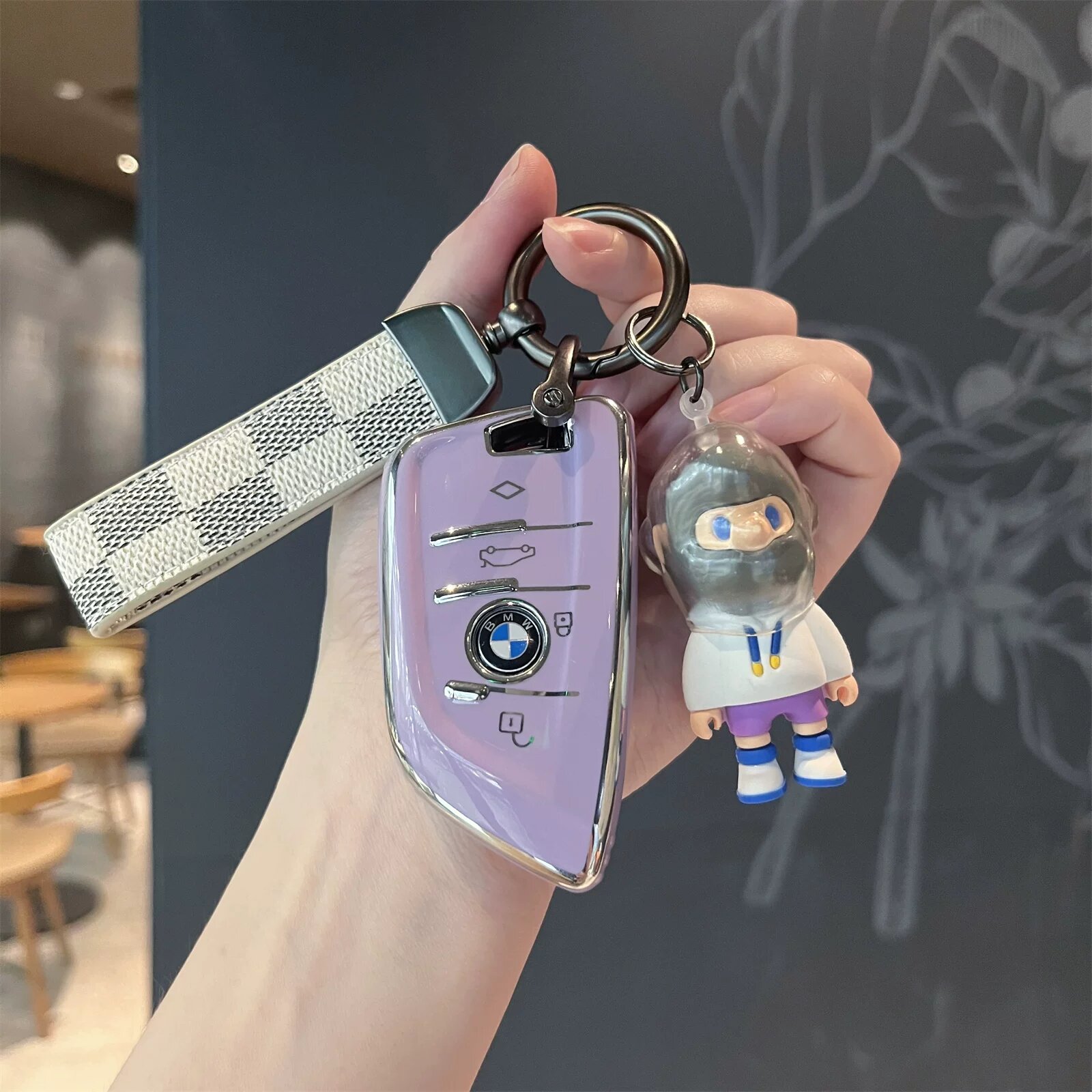 Фиолетовый белый клетчатый шнур и бегун чехол для ключа BMW, 1 шт